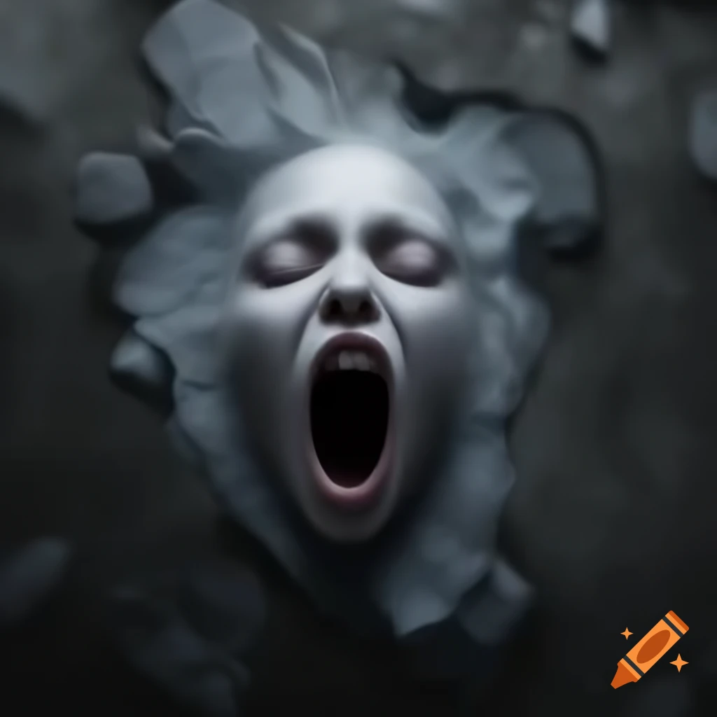 Mysterious human face emerging from rugged concrete surface, evoking ...