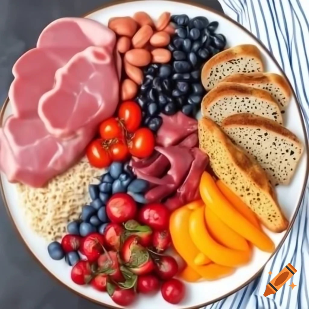 Eatwell plate with colorful fruits, vegetables, proteins, and whole ...