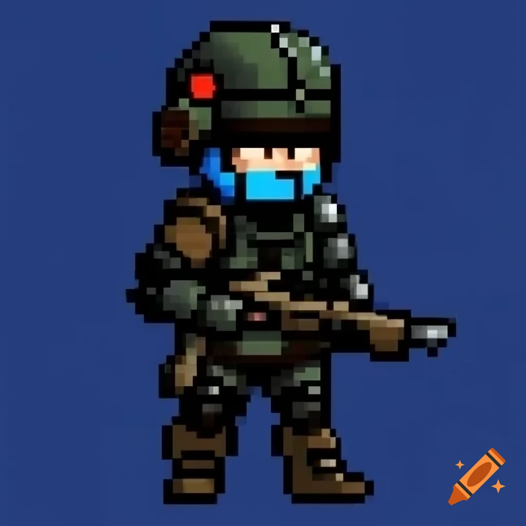 Pixel art sprite sheet of sci-fi soldier showcasing 16 poses on Craiyon