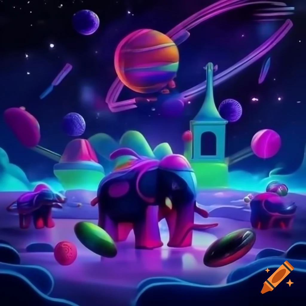 Surreal carnival in space with neon elephants juggling planets on Craiyon