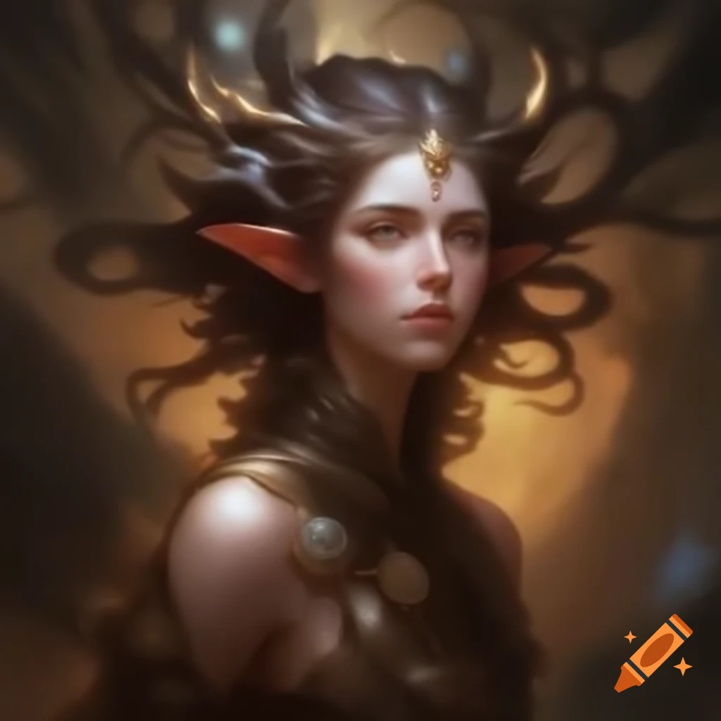Mystical dryad with dark hair in ancient forest of forgotten tales on ...