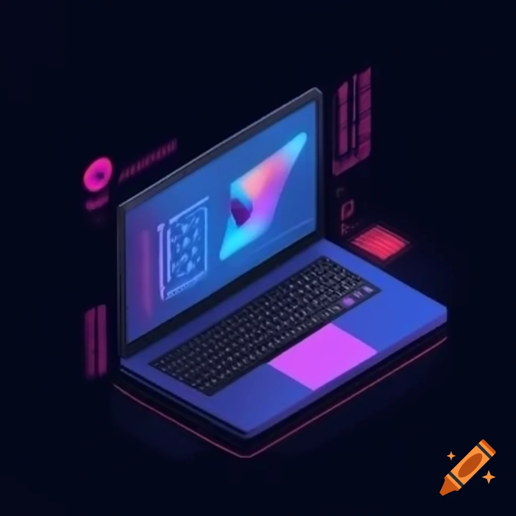Isometric design of a laptop with programming code on screen and glowing effect on Craiyon