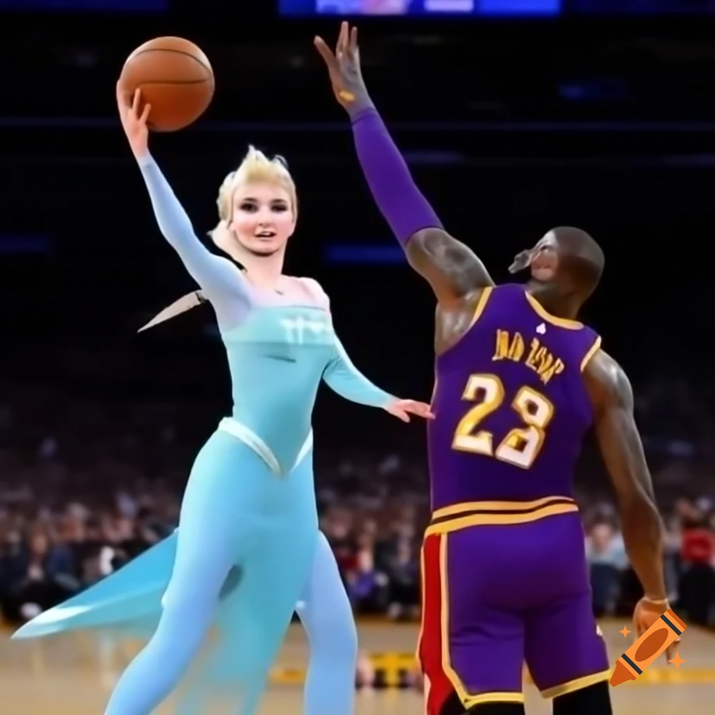 Elsa character and lebron james playing basketball on Craiyon
