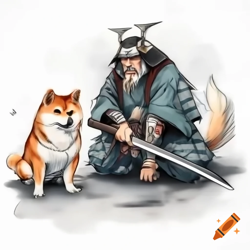 Manga style Shiba Inu samurai with silvered fur and younger companion ...