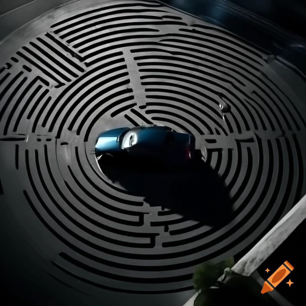 Car parked in intricate black metal labyrinth, side view on Craiyon