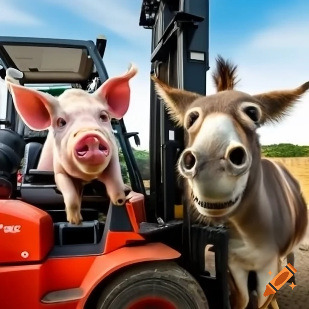 Pig and donkey operating a forklift in a whimsical scene on Craiyon