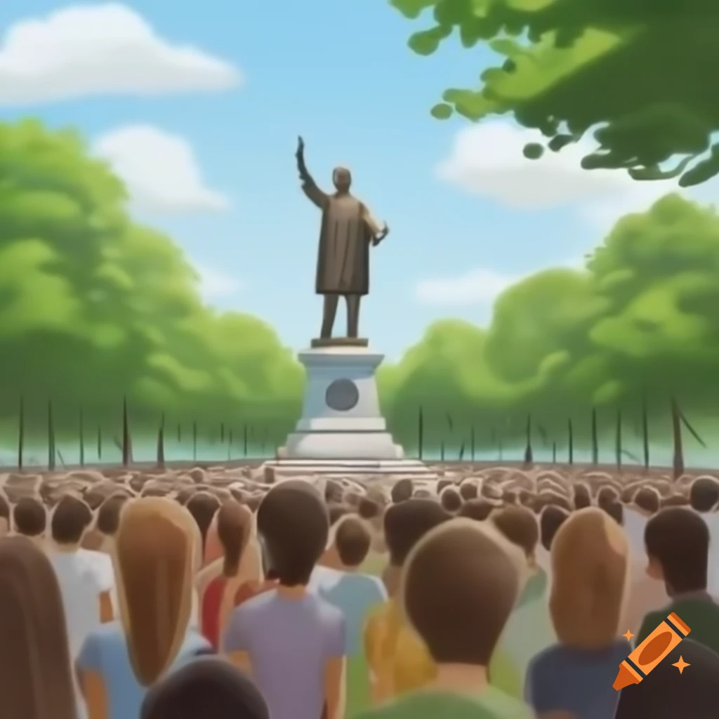 Crowd of young people protesting in park next to old statue on Craiyon
