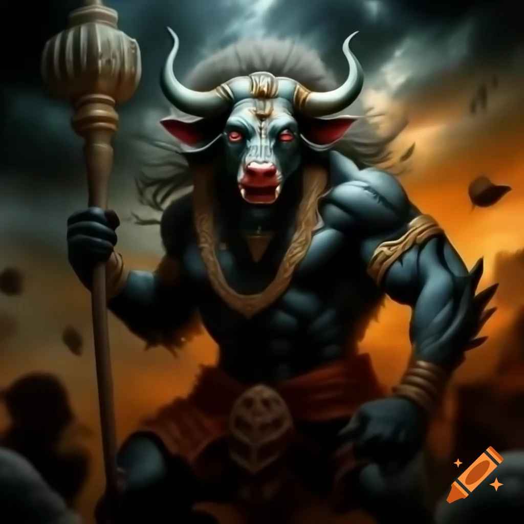 Mahishasura, buffalo demon from hindu mythology, in dramatic battle ...
