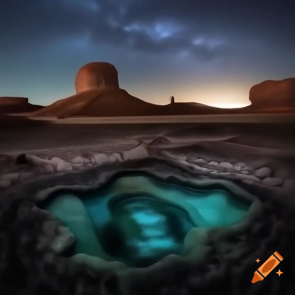 Close-up perspective of ancient monolith ruins submerged in swampy ...