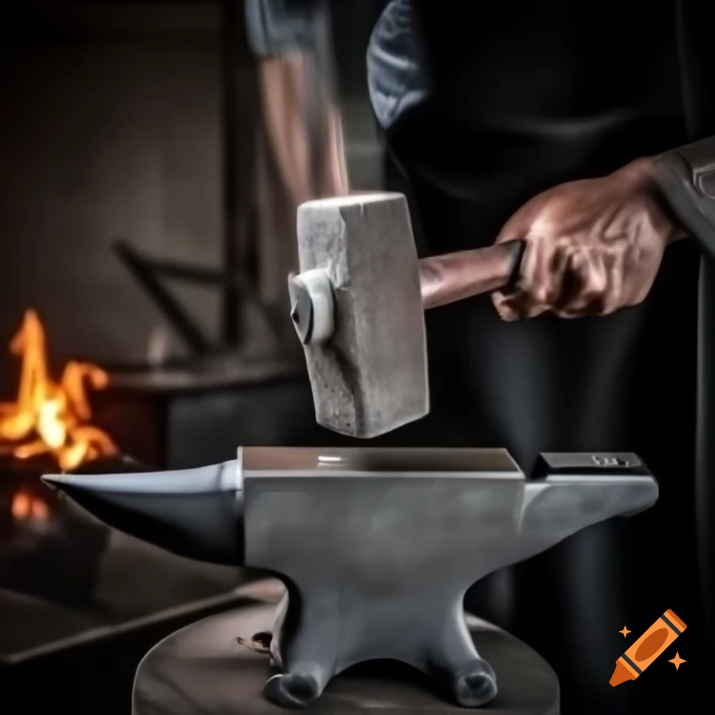 Blacksmith hammer striking hot metal on anvil on Craiyon