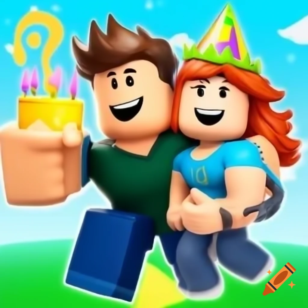 Max and Robyn celebrating a birthday in vibrant Roblox world on Craiyon