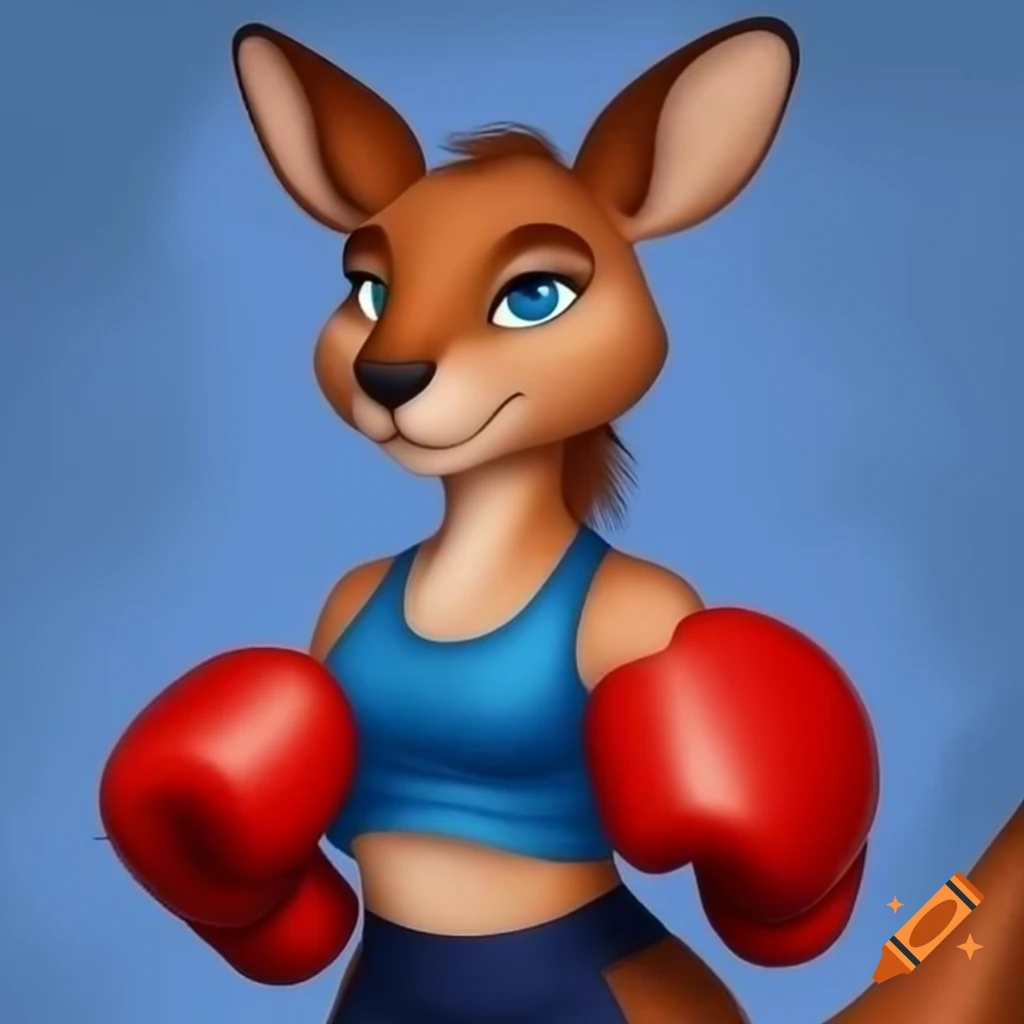 Cartoon female kangaroo with blue eyes in navy tank top and red boxing ...