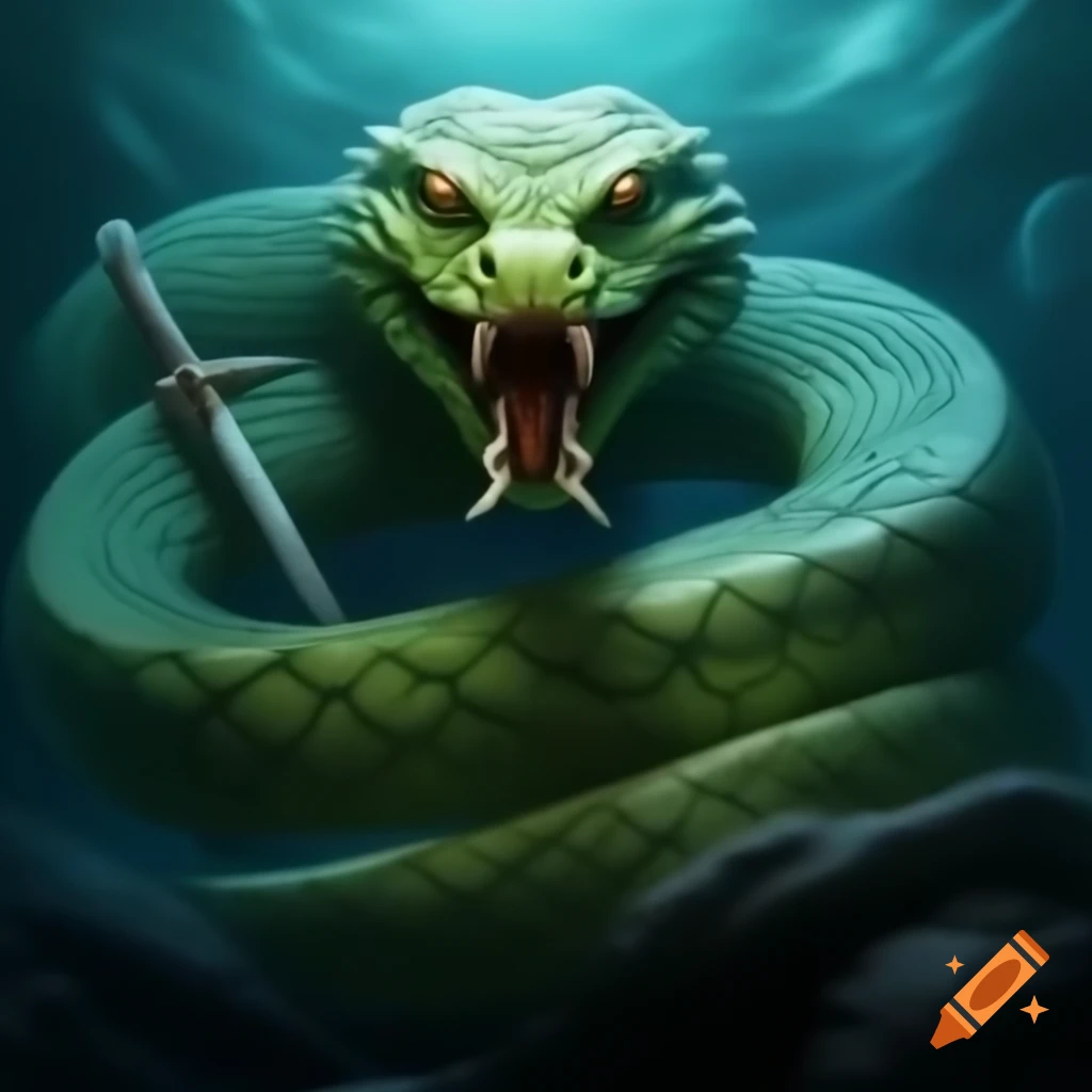 Concept art of a large underwater monster snake wielding swords on Craiyon