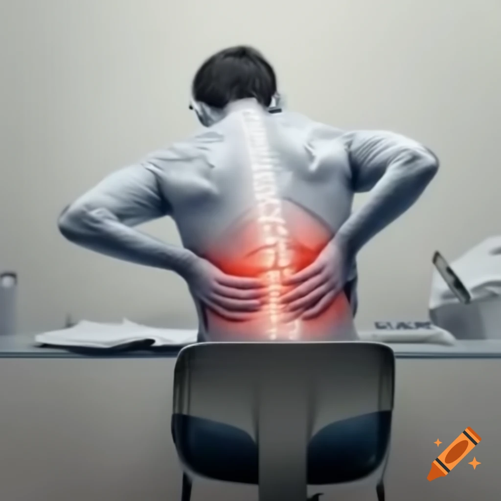 Figure exhibiting poor posture at workspace causing back pain on Craiyon