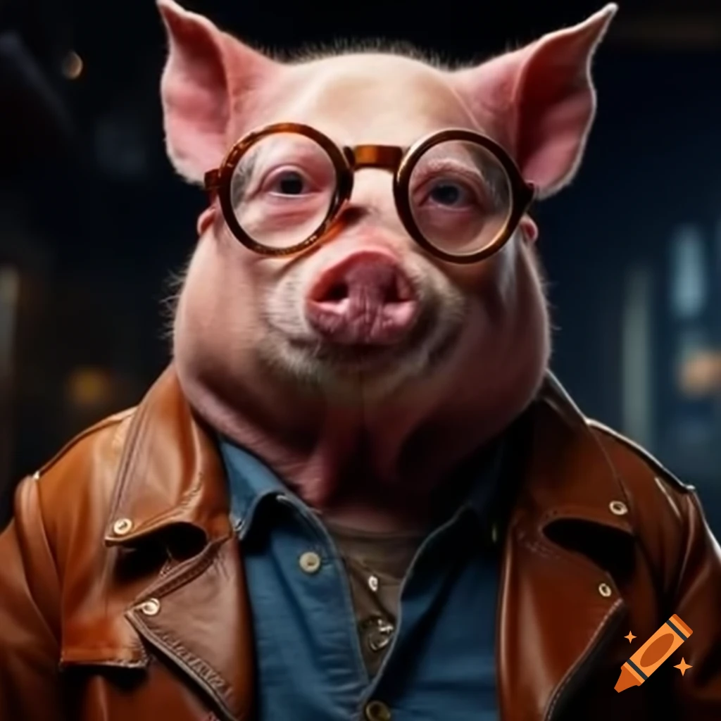 Stylized pig character wearing brown leather jacket and round glasses ...