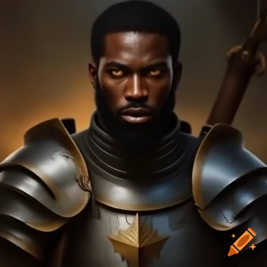 African american knight in armor with gold eyes and prosthetic arms on ...