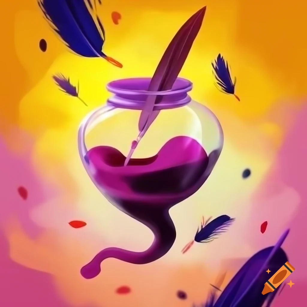 Whimsical ink flying from jar with quill in colorful magical setting on ...