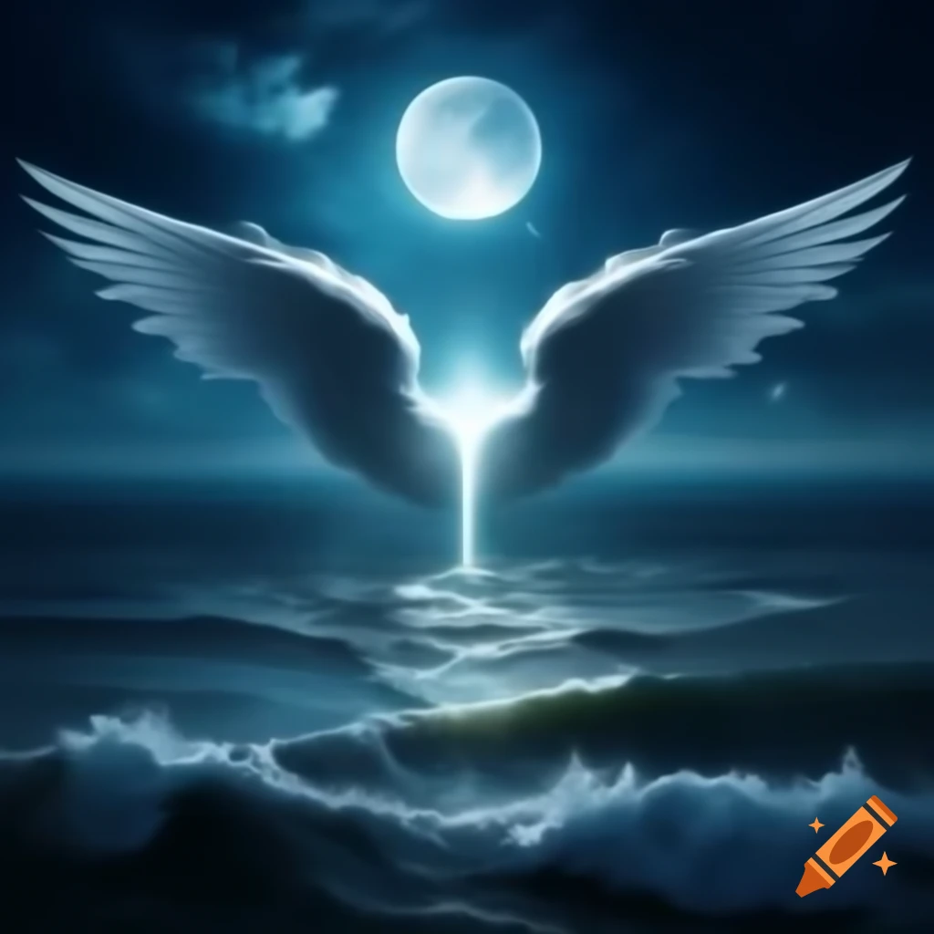 Angel rising from ocean with moon glowing above on Craiyon