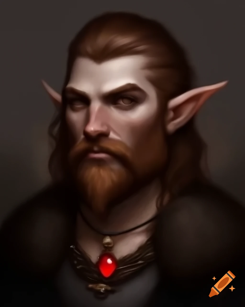 Portrait of male DnD gnome with brown hair, beard, and red crystal ...