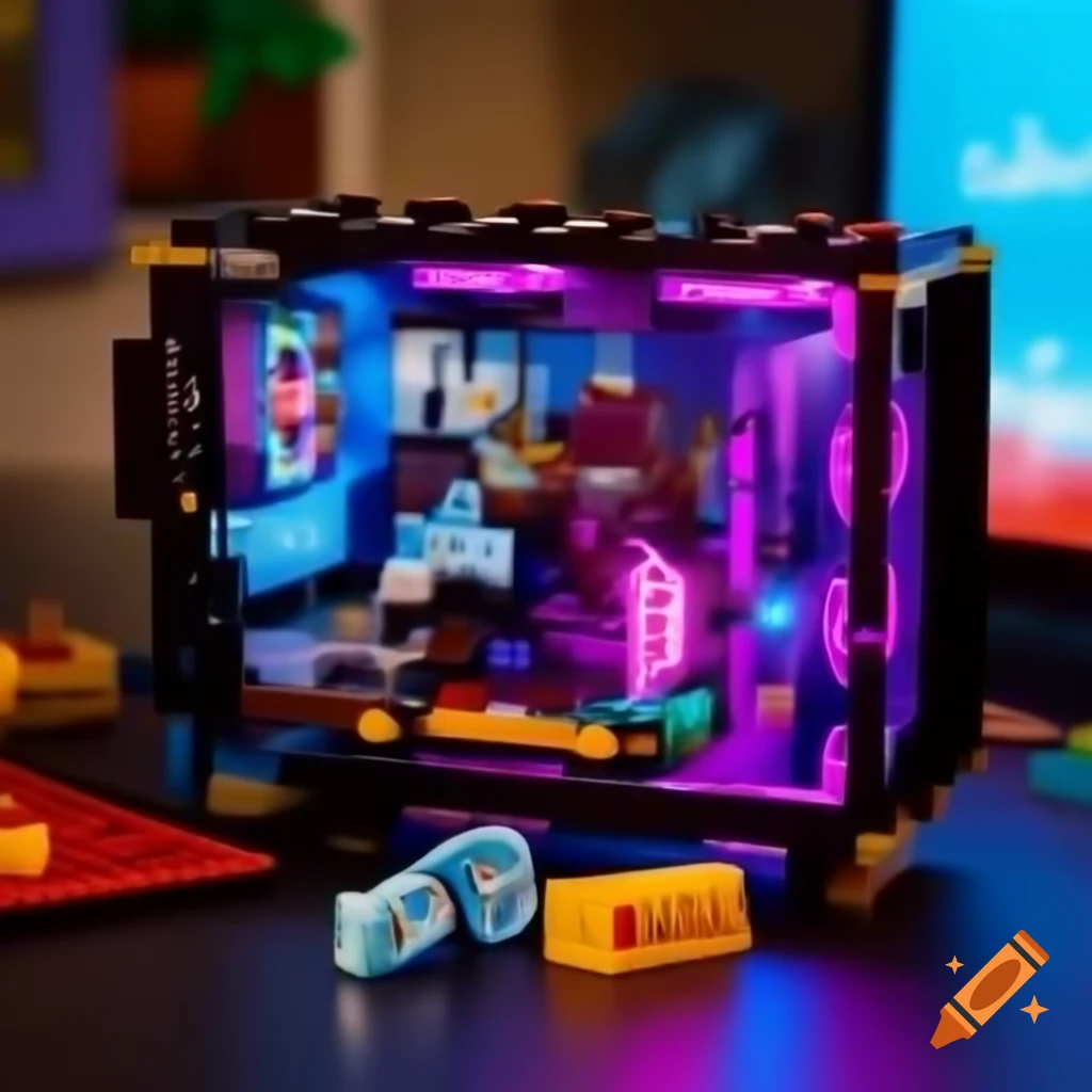 High-end PC gaming setup constructed from LEGO bricks on Craiyon