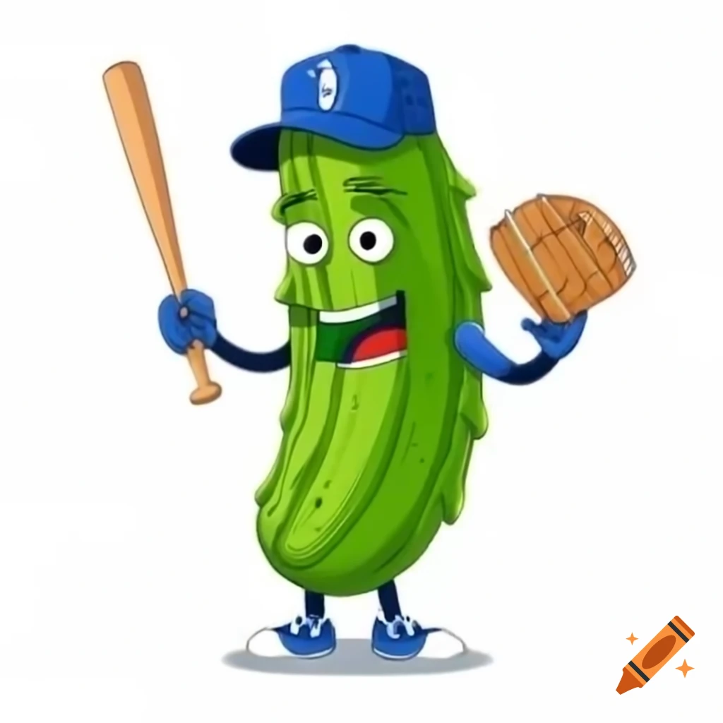 Cartoon pickle in baseball uniform with 'mp' letters on Craiyon
