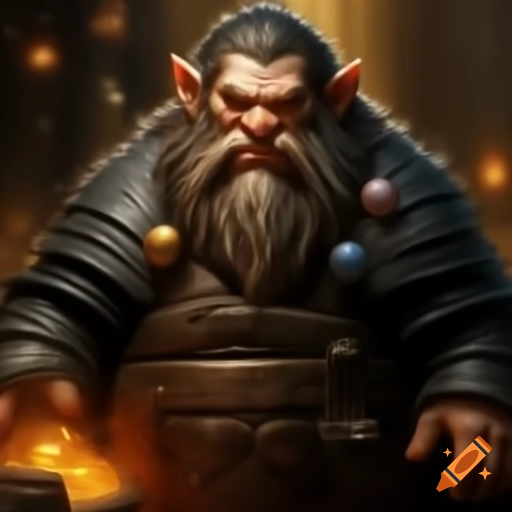 Grizzled dwarf alchemist in black robes examining bubbling potions on ...