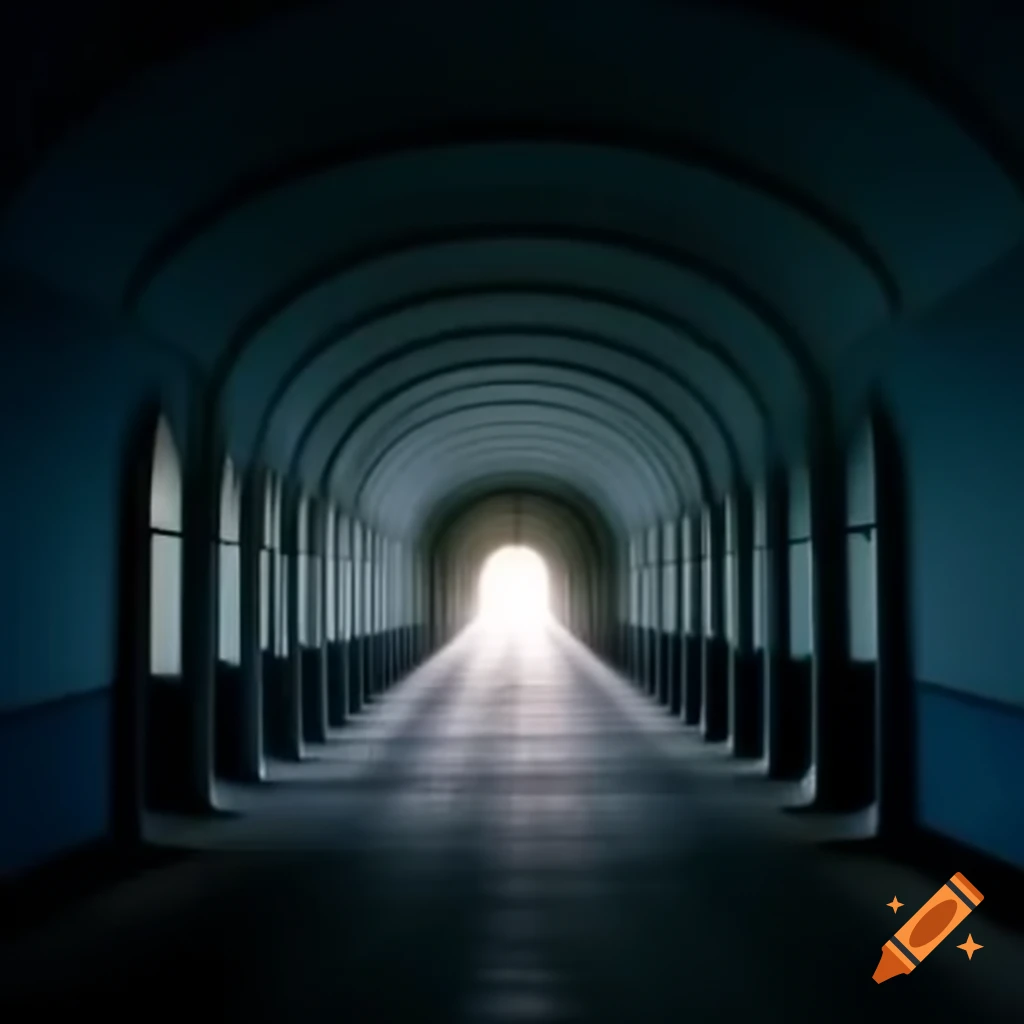 Mysterious dimly lit path with dark blue walls and elegant curved roof ...