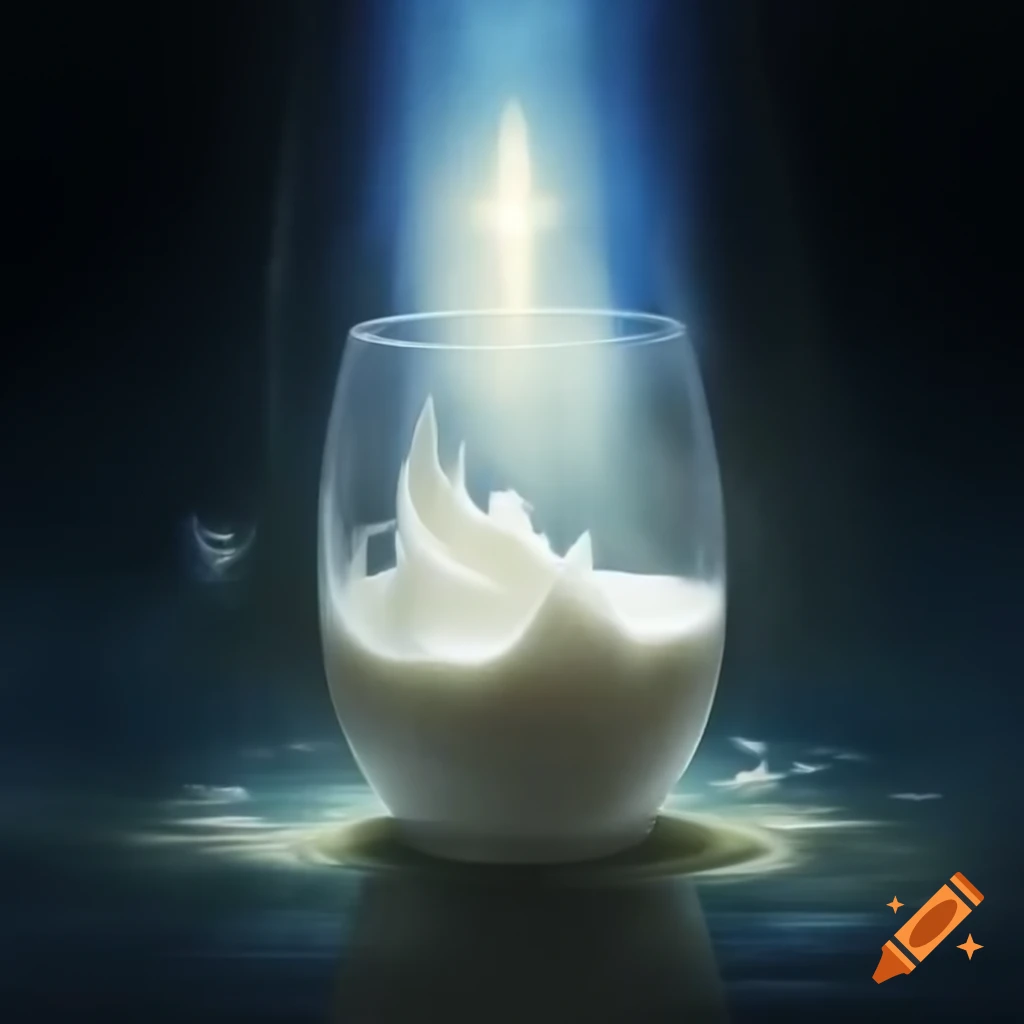 Milk depicted with a holy glow in ethereal setting on Craiyon