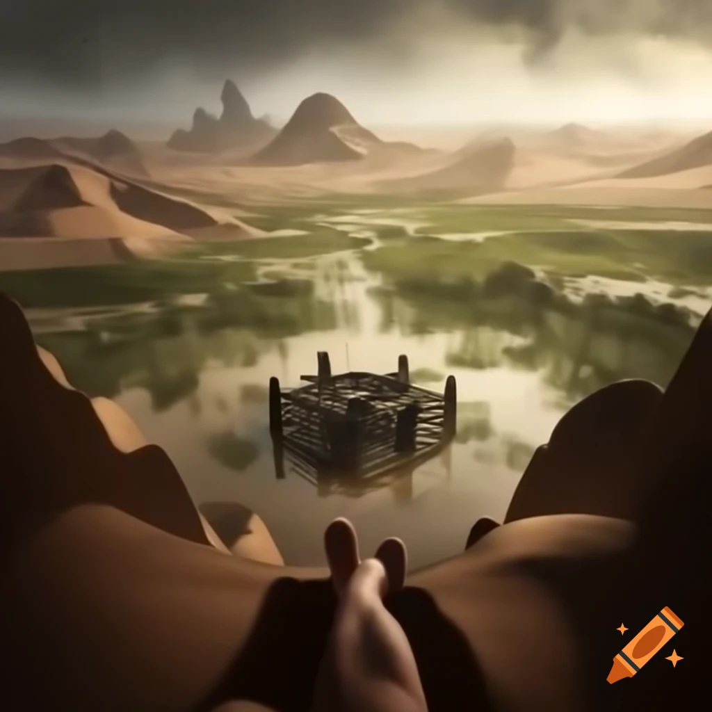 Close-up perspective of flooded ruins in sahara desert, with dramatic ...