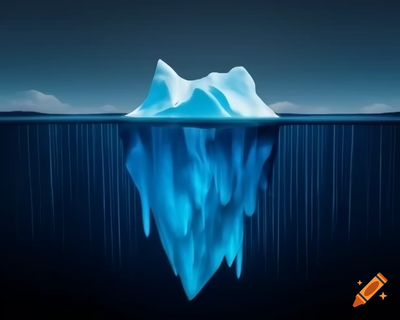 Iceberg above and below water in glowing neon dark blue with binary ...