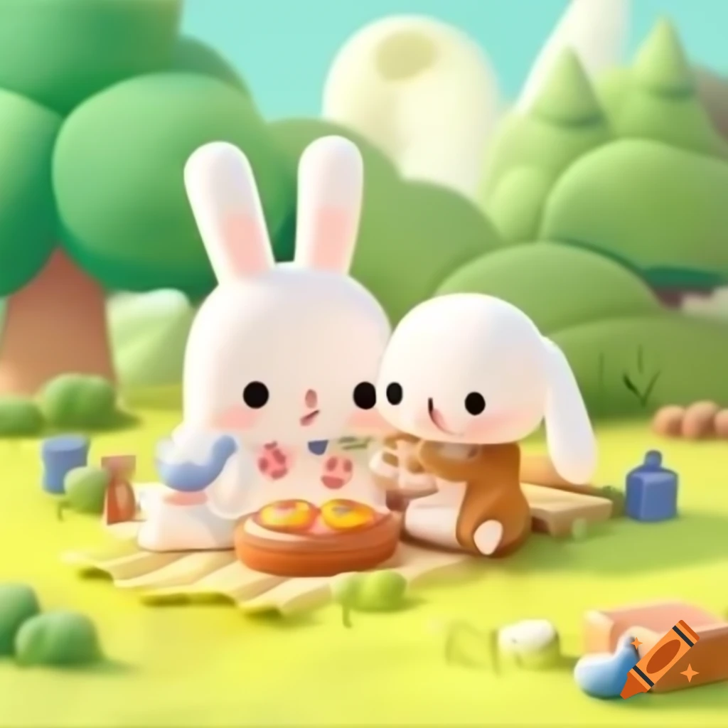 Cartoon rabbits enjoying a picnic, chibi style concept art on Craiyon