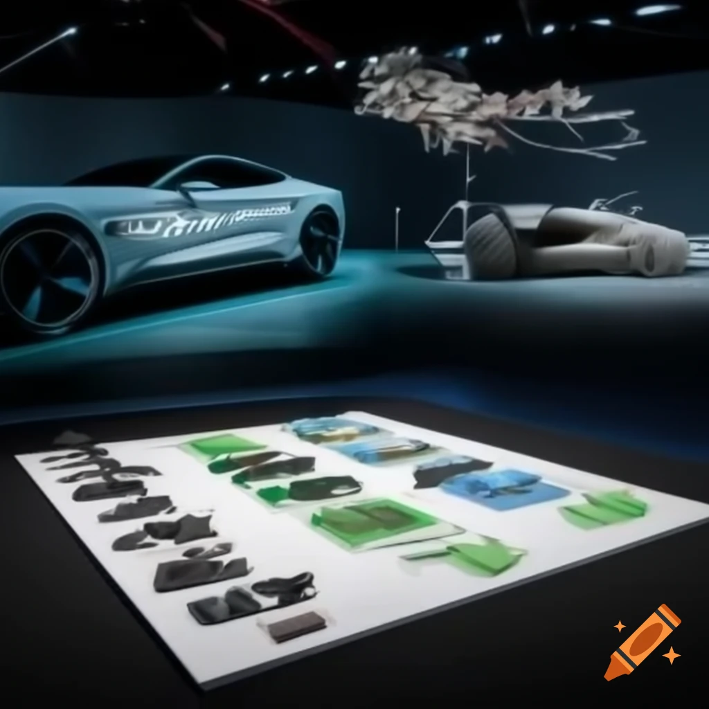 Printed circuit boards displayed on table with futuristic electric car ...