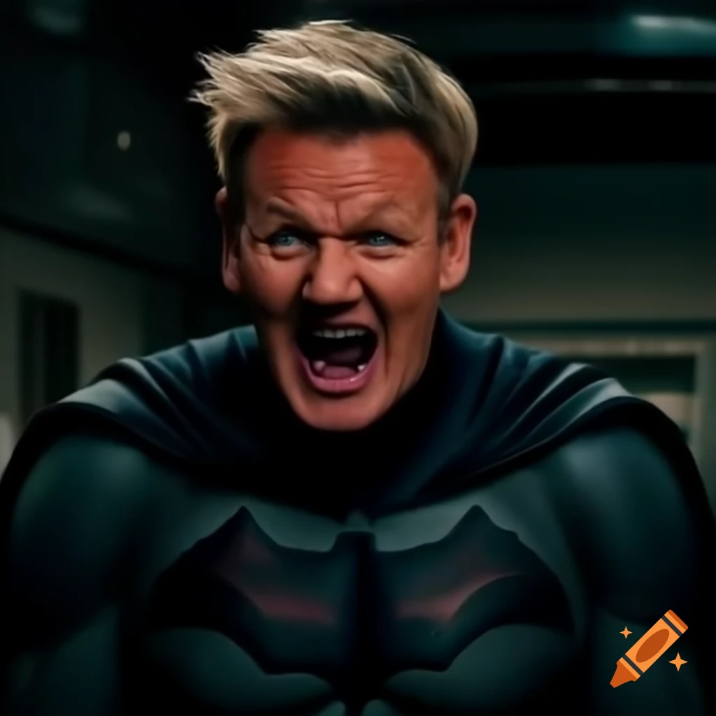 Gordon ramsay in a humorous confrontation with batman on Craiyon