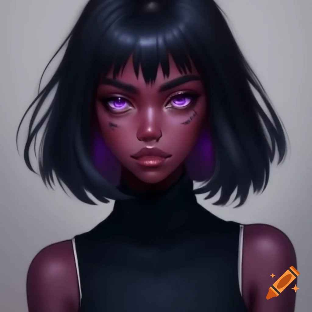 Anime girl with freckles, purple eyes, shoulder length black hair in ...