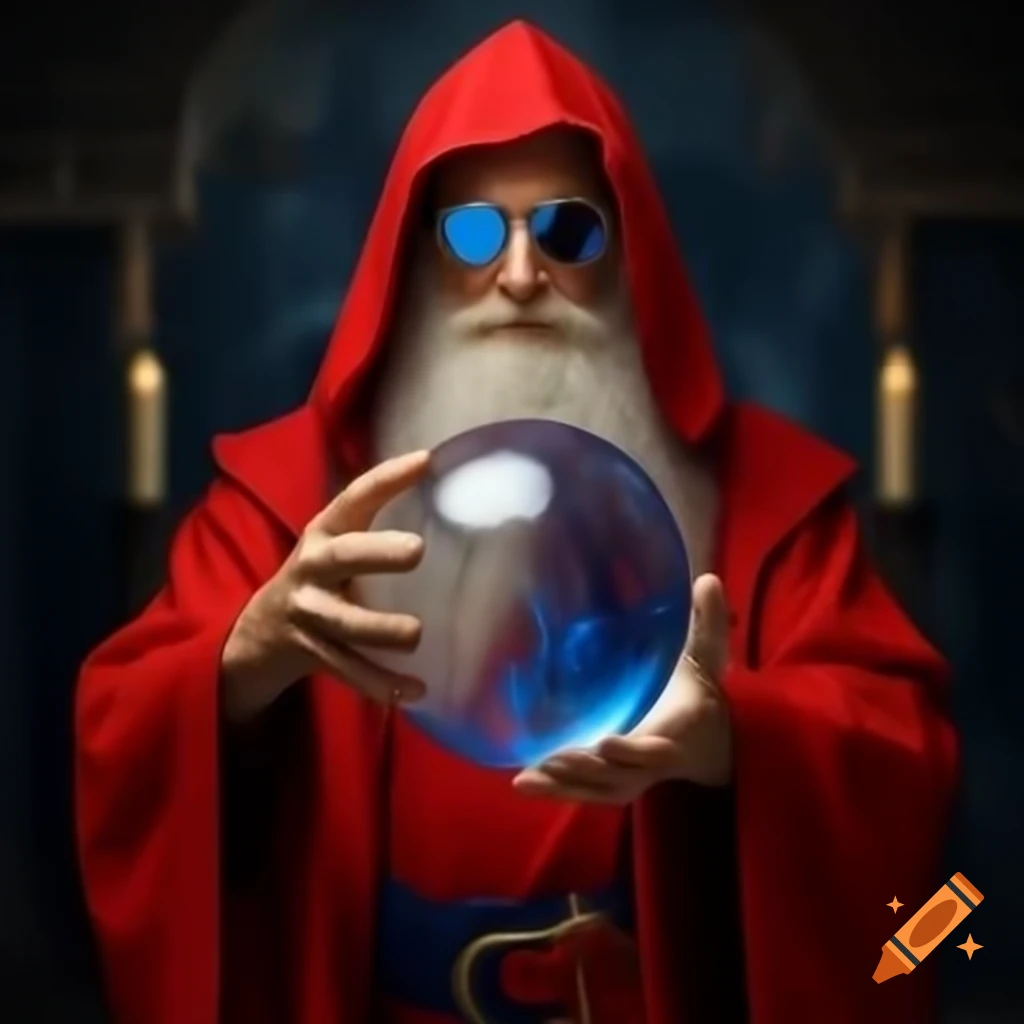 Wizard in red robes with sunglasses holding multifaceted orb on Craiyon