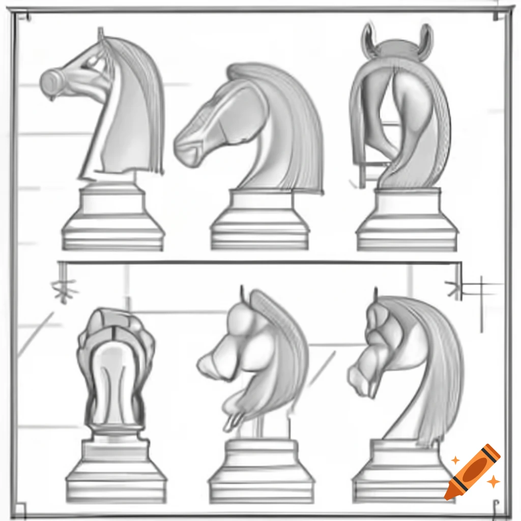 Blueprint of chess knight piece with four views: front, left side ...