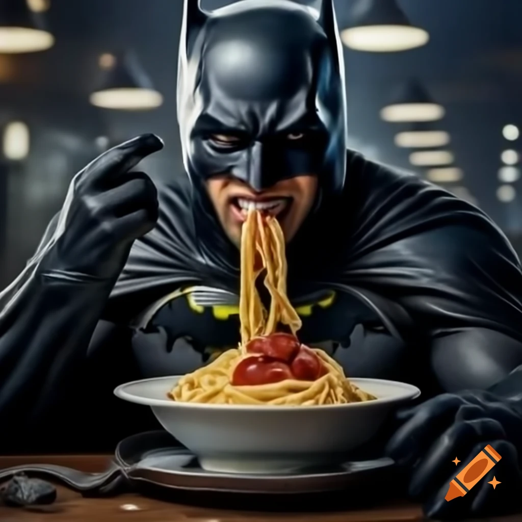 Humorous commercial with Batman enjoying batman themed spaghetti called bat'os on Craiyon