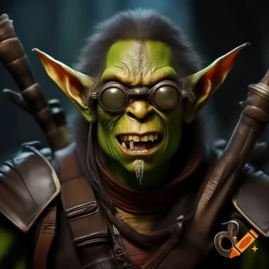 Goblin with steampunk goggles, bow and arrow, and leather armor on Craiyon