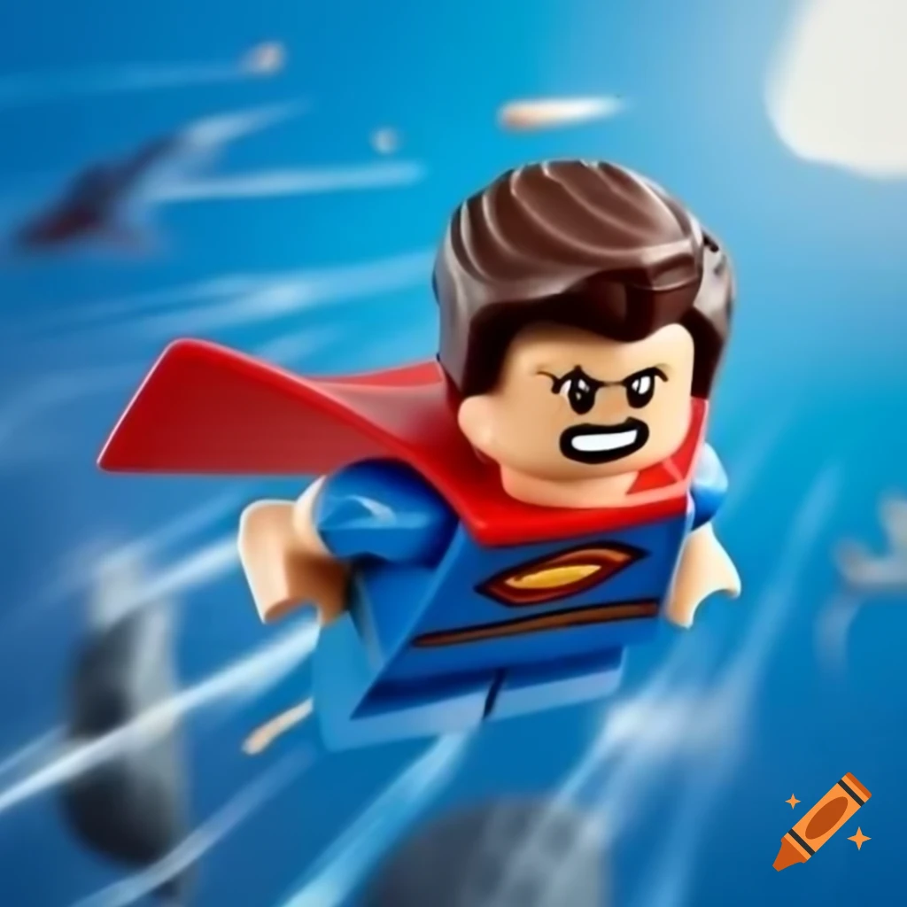 Lego superhero figurine flying in the air with depth of field on Craiyon