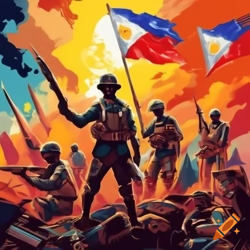 Vibrant 2D stylized poster of Filipino soldiers in a battlefield scene ...