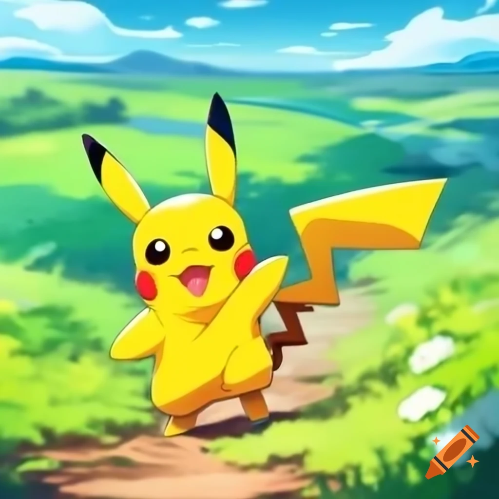 Pikachu walking a nature trail with a backpack and hat on Craiyon
