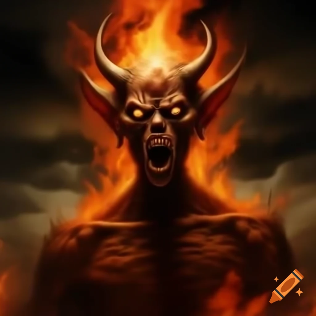 Scary fiery demon in sky with flames casting eerie light on Craiyon