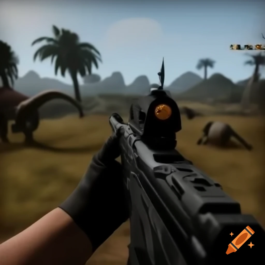 First-person view of a tactical firearm in outdoor training range on ...