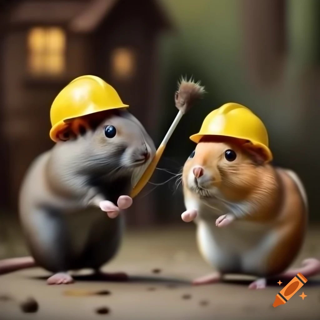 Two gerbils in construction vests and hard hats building a gerbil house ...