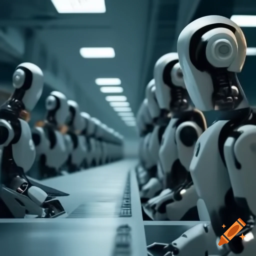 Line of standing robots evolving into infinity on Craiyon