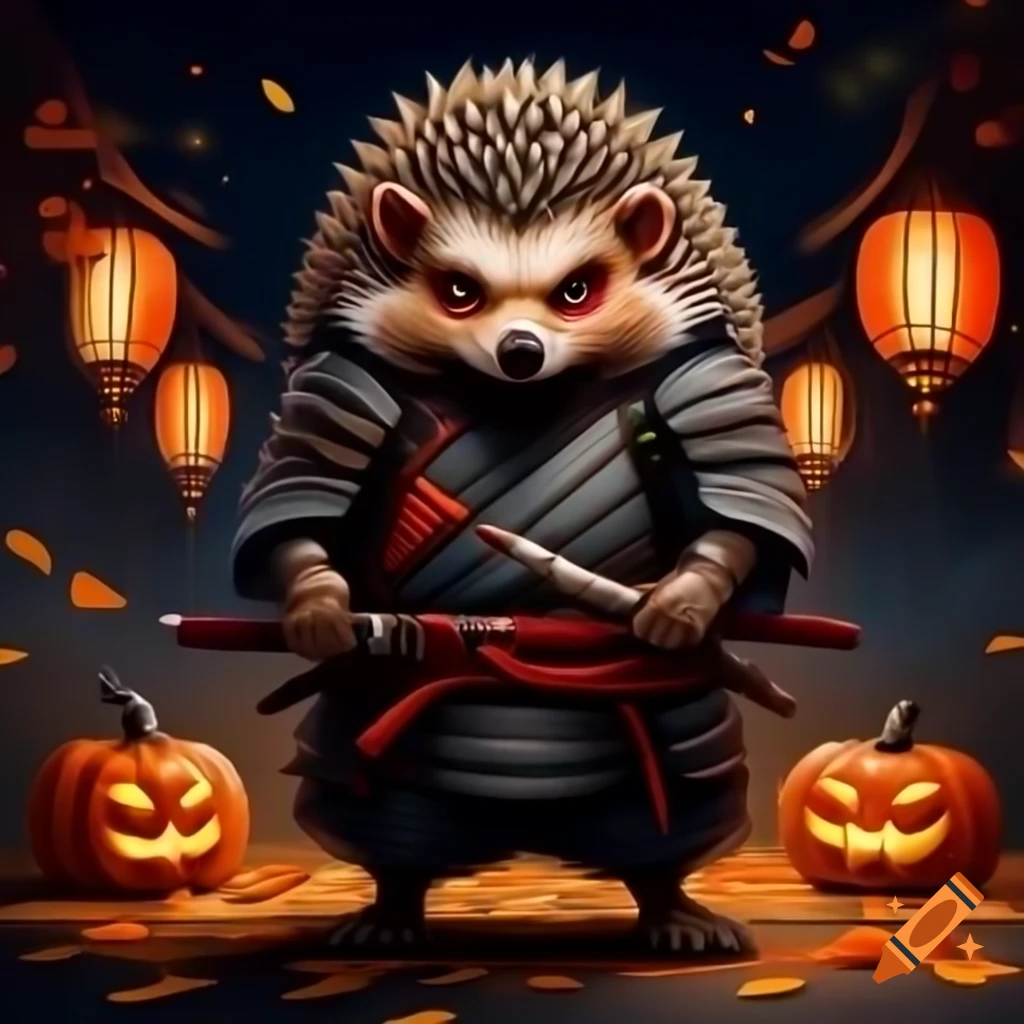 Hedgehog samurai with gleaming spines against twinkling jack-o ...
