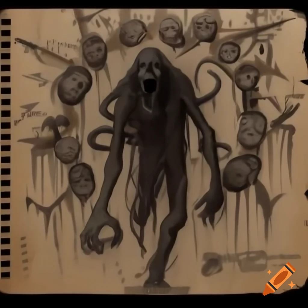 Demonic entity poorly drawn in black ink on wrinkled notebook pages on ...