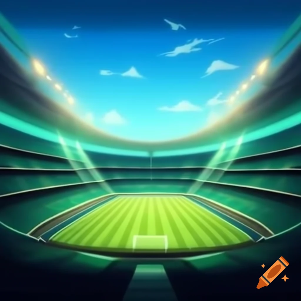 Vibrantly colored stadium with green and white flags swaying on Craiyon