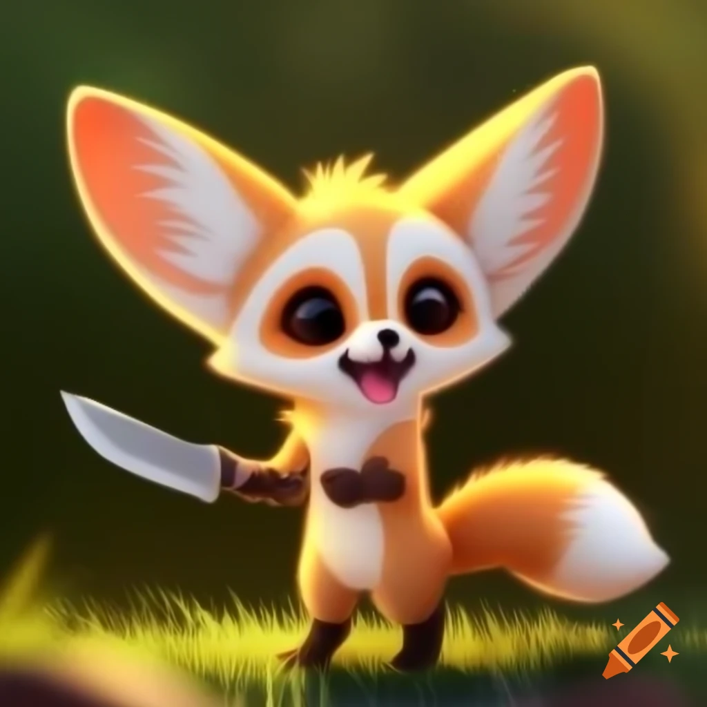 Cute fennec fox holding knife in mouth, digital illustration on Craiyon