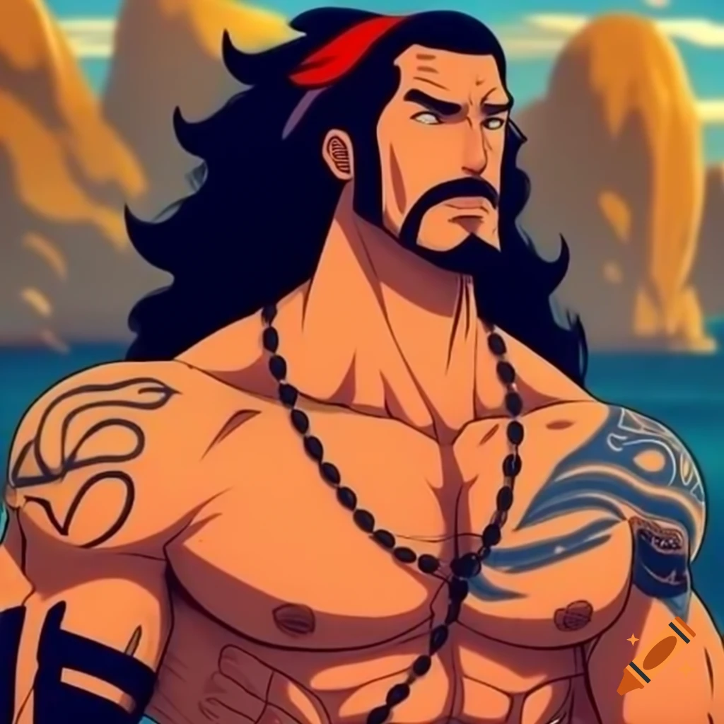 Tall muscular man with long flowing black hair and deep blue eyes in ...